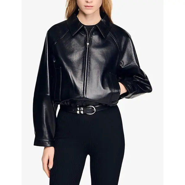 Sandro Cropped Leather Jacket With Side Pockets