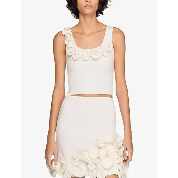 Sandro Cropped Knitted Top With Flower Embellishments