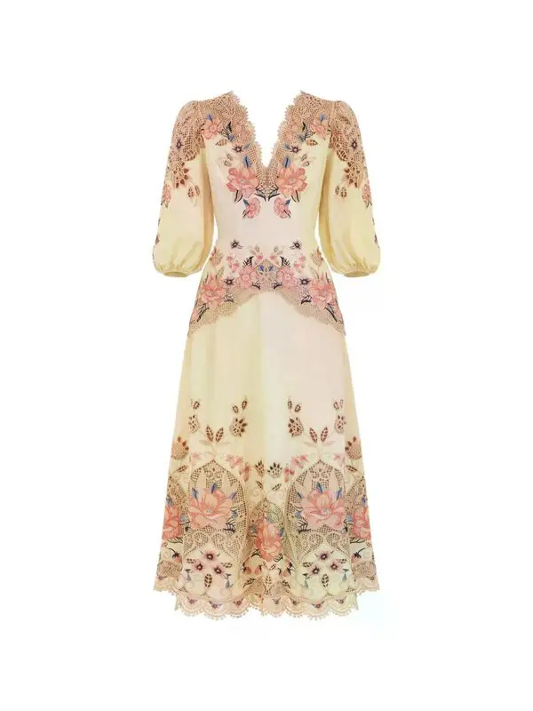 Farm Rio Floral Embroidered Midi Linen Dress