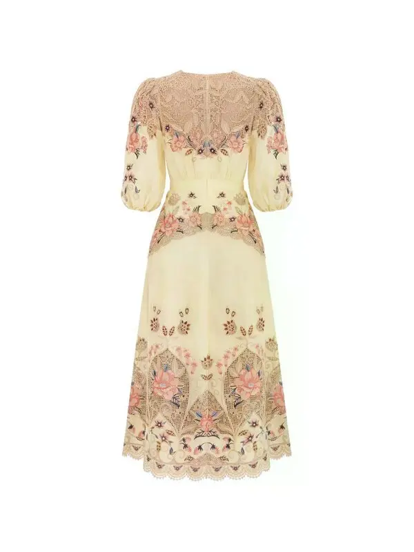 Farm Rio Floral Embroidered Midi Linen Dress
