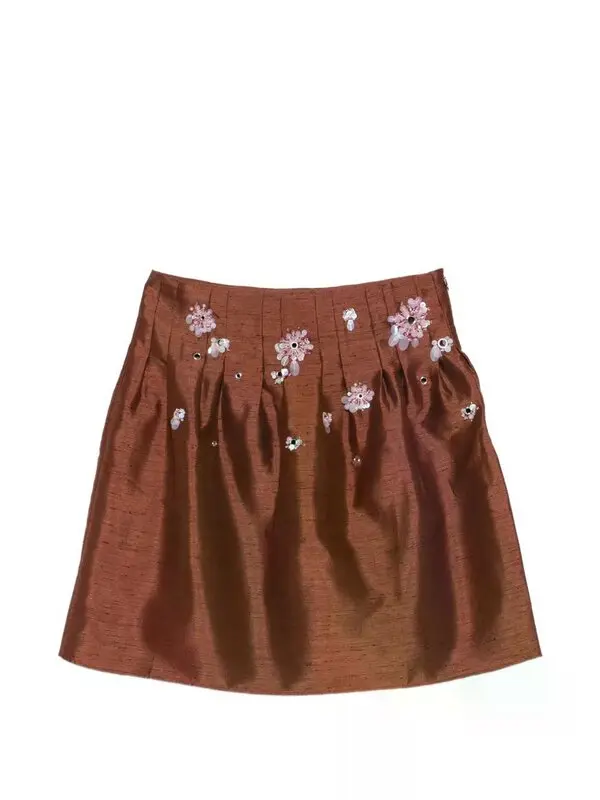 SHUSHU/TONG Floral Embellished Pleated Skirt - Brown