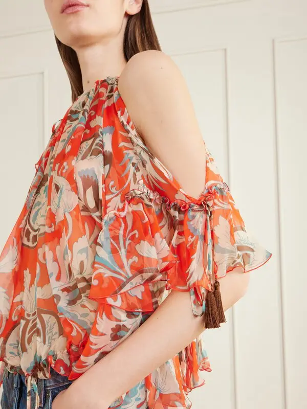Etro Off-the-shoulder Printed Silk Chiffon Blouse - Orange