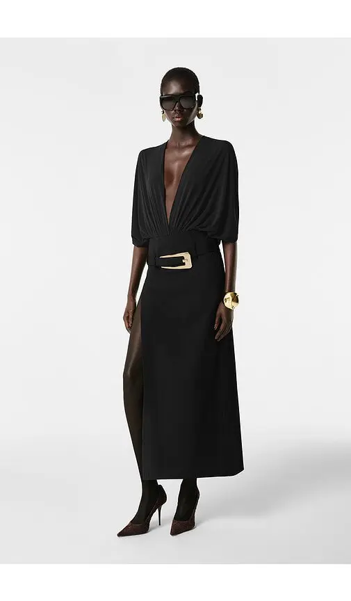 Revolve Pencil Skirt With Buckled Waist And Side Slit - Black