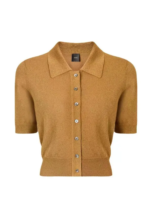 Pinko Cropped Short-sleeved Cardigan With Collar And Radiant Yarn - Neutrals