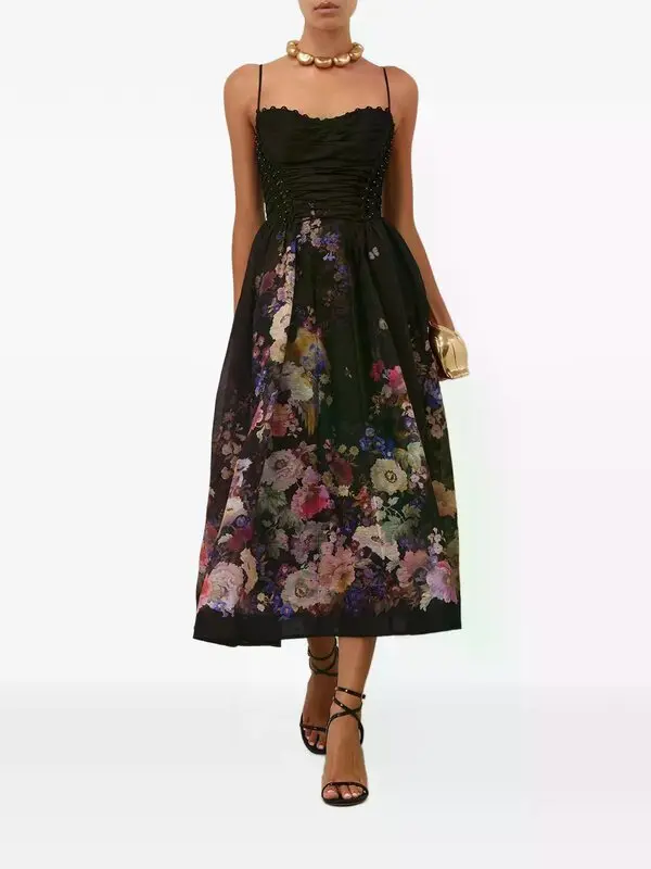 Zimmermann Luna Floral-print Bead-embellished Midi Dress - Black