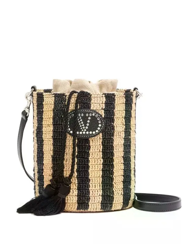 Valentino Garavani Small Striped Raffia Bucket Bag - Neutrals