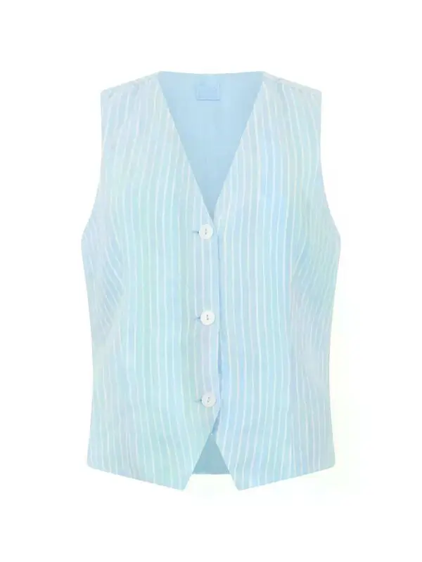 120% Lino Striped Button-down Vest - Blue