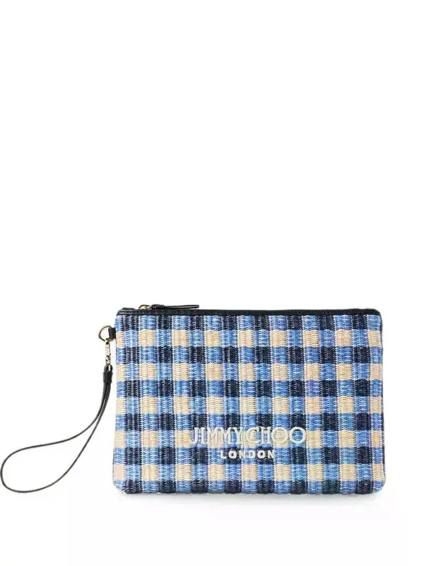 JIMMY CHOO Gingham Raffia Zip Pouch With Wrist Strap - Blue