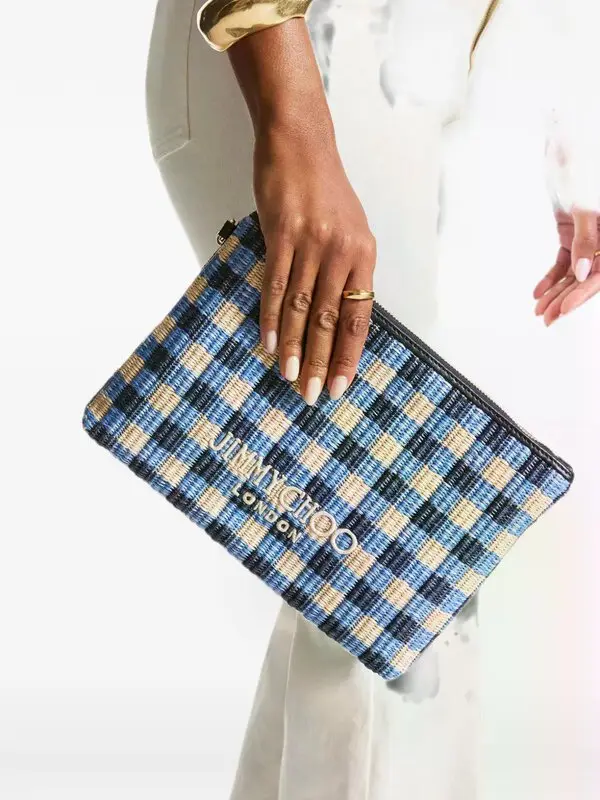 JIMMY CHOO Gingham Raffia Zip Pouch With Wrist Strap
