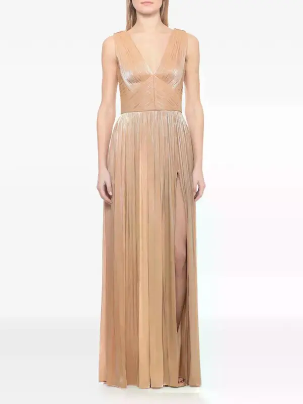 Costarellos Pleated V-neck Gown - Neutrals