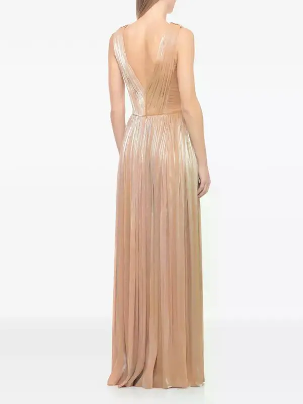 Costarellos Pleated V-neck Gown - Neutrals