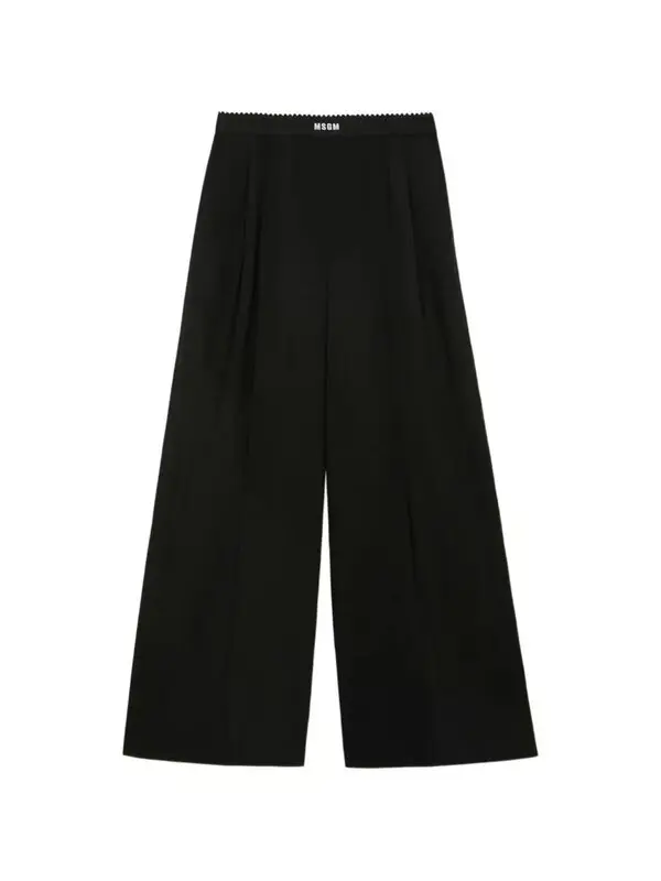 MSGM Wide Leg Pleated Trousers With Logo Waistband - Black