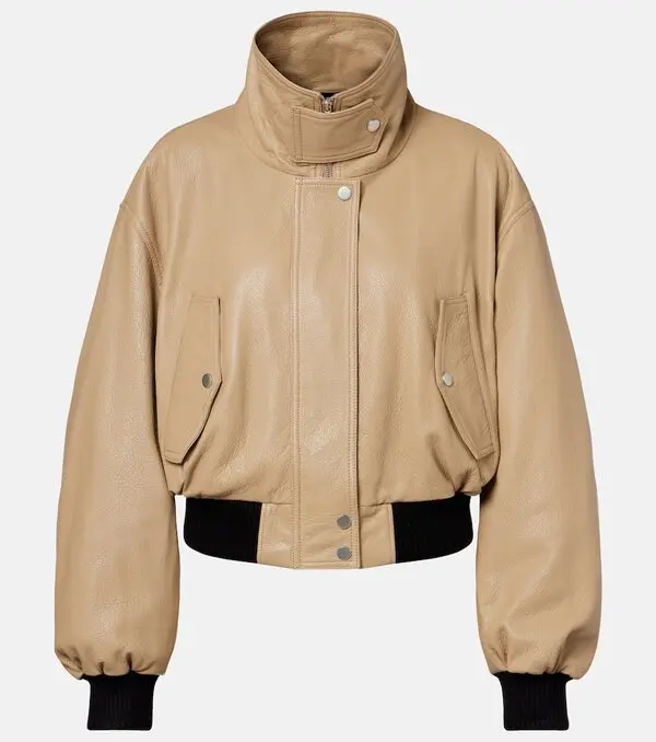 Nour Hammour Briar Cropped Leather Blouson Jacket - Beige