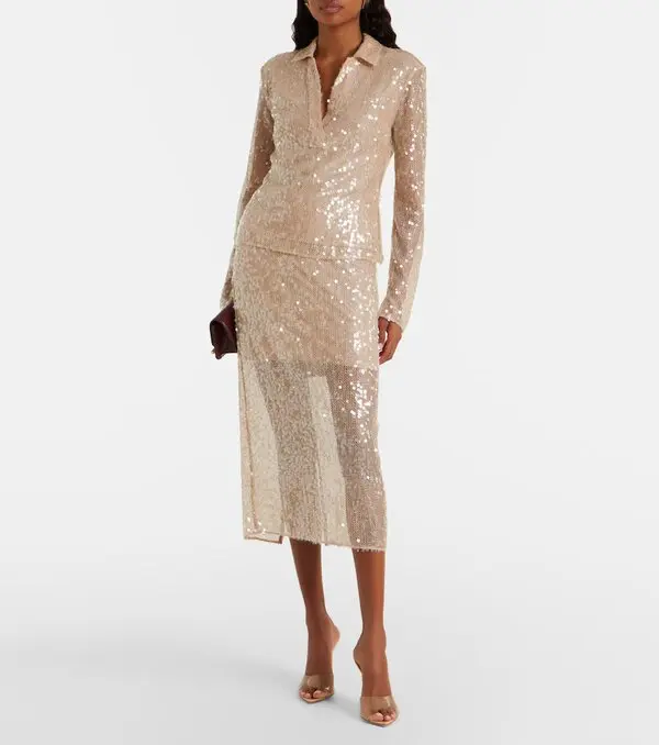 Veronica Beard Allora Sequined Midi Skirt - Beige