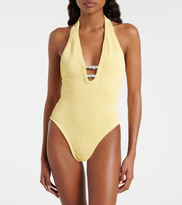 Hunza G Adriana Beaded One Piece Swimsuit - Yellow