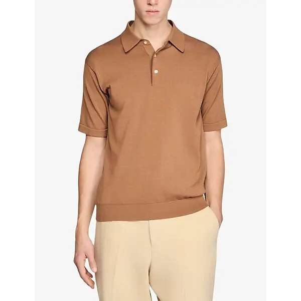 Sandro Short-sleeved Cotton And Silk Polo Shirt - Dark Camel