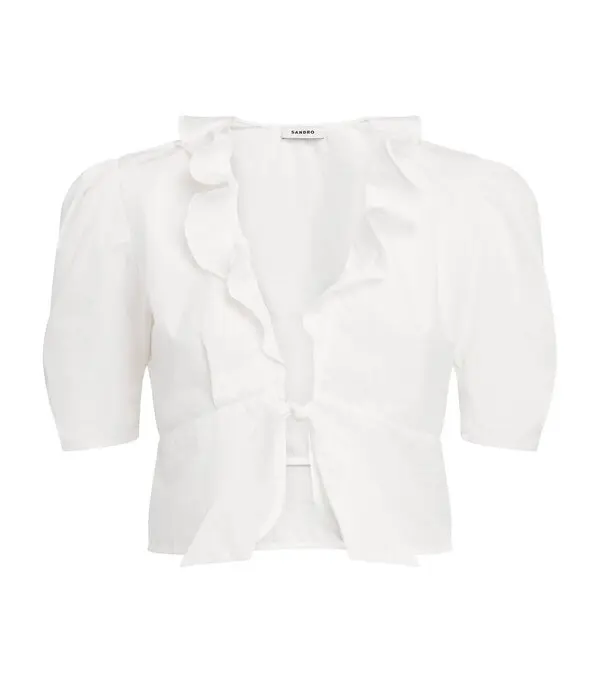 Sandro Cropped Ruffle Blouse - Beige
