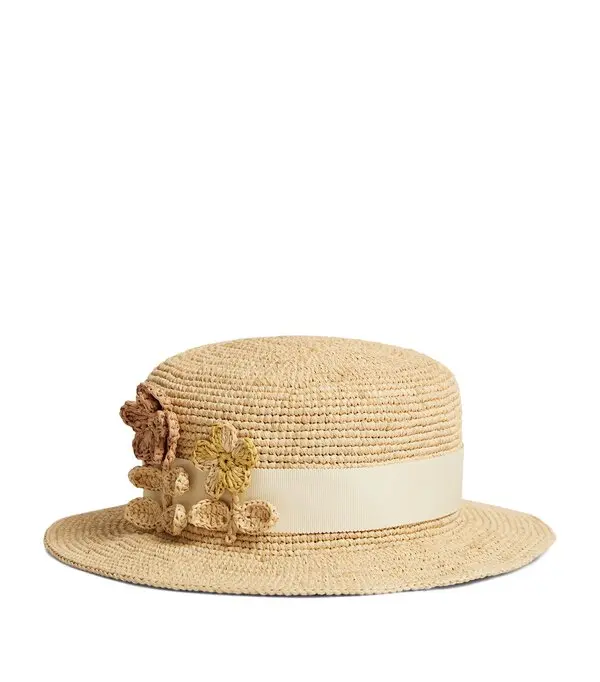 Bonpoint Raffia Hat With Floral Appliqu - Neutral