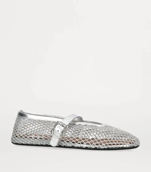 Alaïa Leather Mesh Ballet Flats With Patent Details - Silver