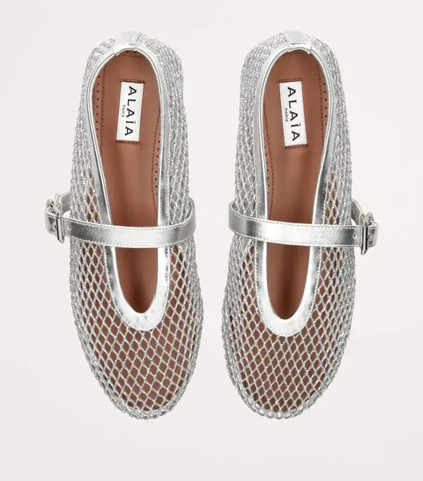 Alaïa Leather Mesh Ballet Flats With Patent Details - Silver