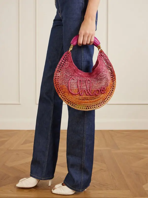 Chloé Leather-trimmed Embroidered Raffia Tote