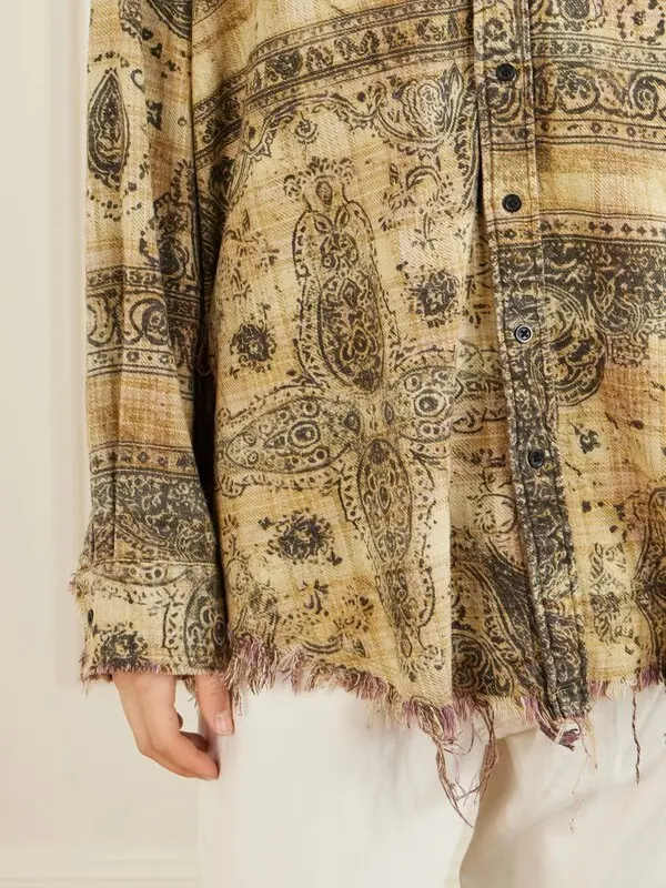 R13 Printed Cotton Shirt With Frayed Hem