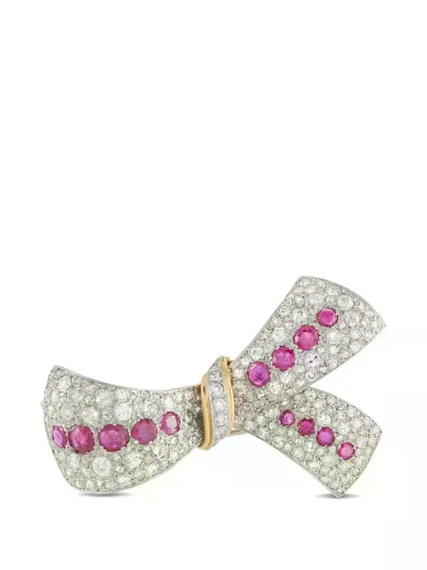 LB EXCLUSIVE Diamond And Ruby Bow Brooch In 18k Yellow Gold And Platinum - Silver