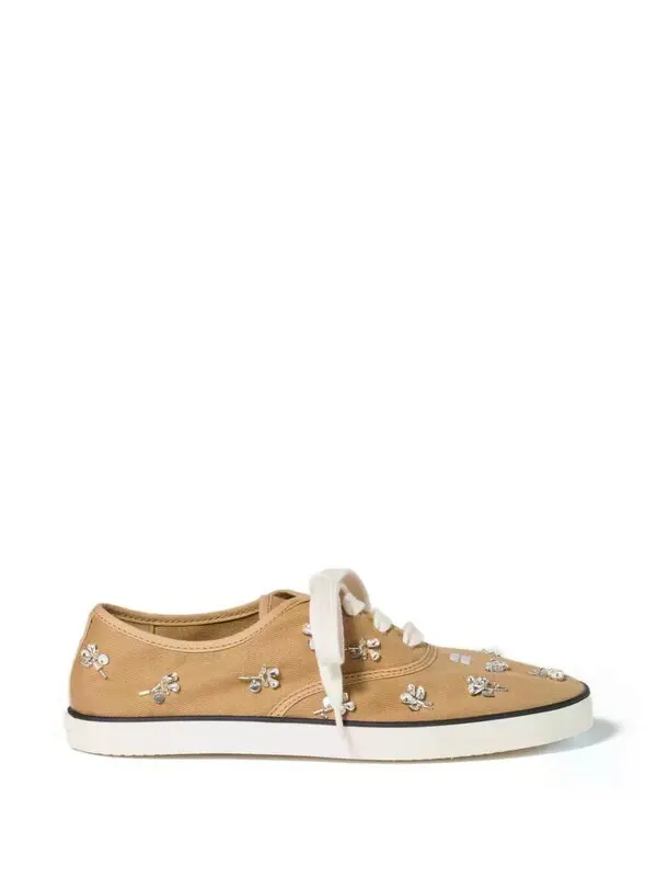 Miu Miu Embroidered Floral Embellished Lace-up Sneakers - Neutrals