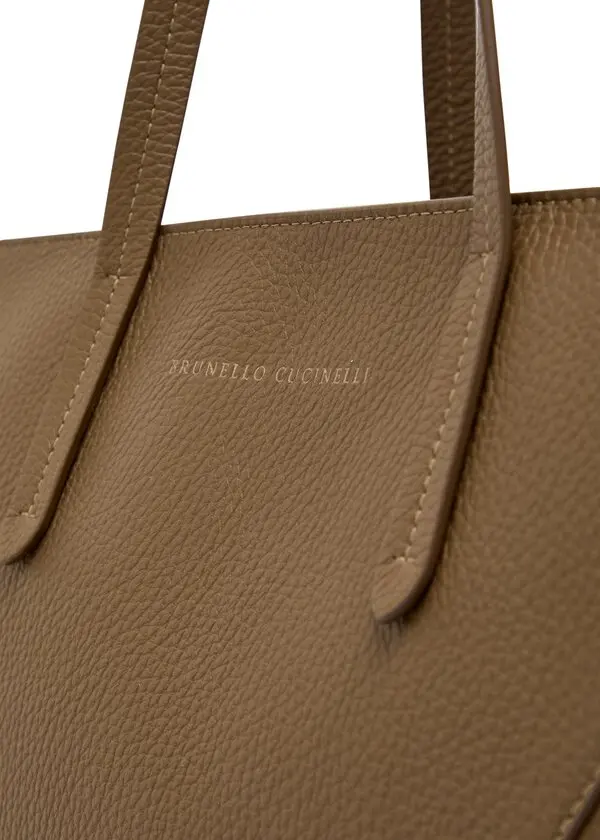 Brunello Cucinelli Medium Grained Leather Tote Bag With Beading - Brown