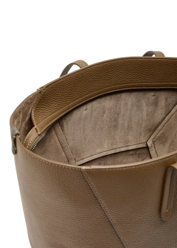 Brunello Cucinelli Medium Grained Leather Tote Bag With Beading - Brown