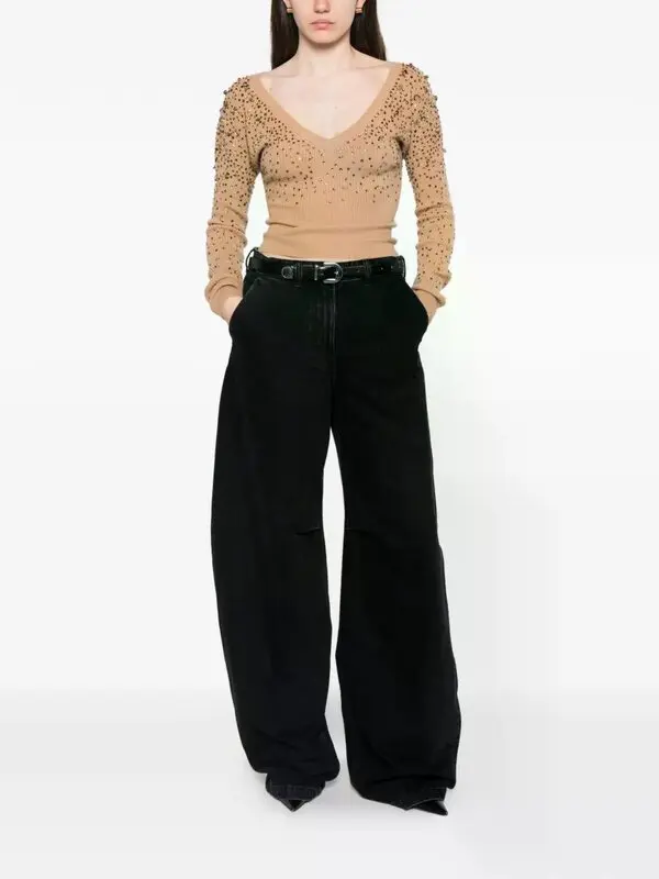 Max Mara Embellished V-neck Ribbed Knit Sweater - Neutrals