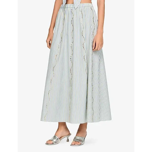 Sandro Striped Rhinestone-embellished Cotton-blend Maxi Skirt - Blue