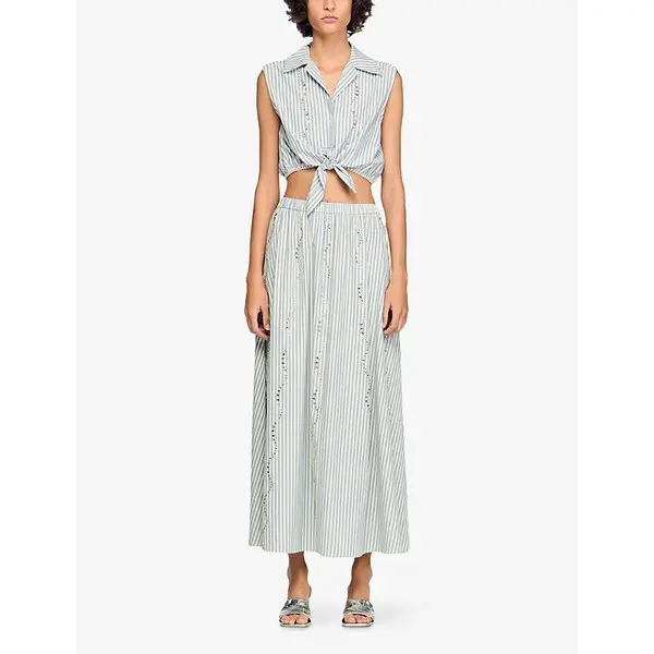 Sandro Sleeveless Cropped Rhinestone Embellished Shirt - Blue