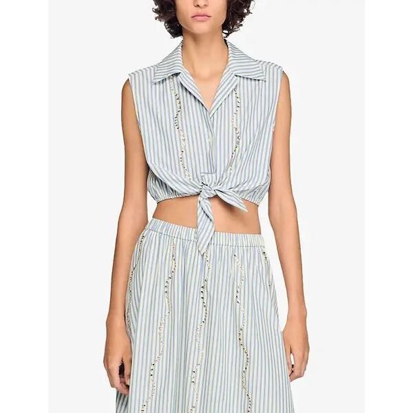 Sandro Sleeveless Cropped Rhinestone Embellished Shirt - Blue