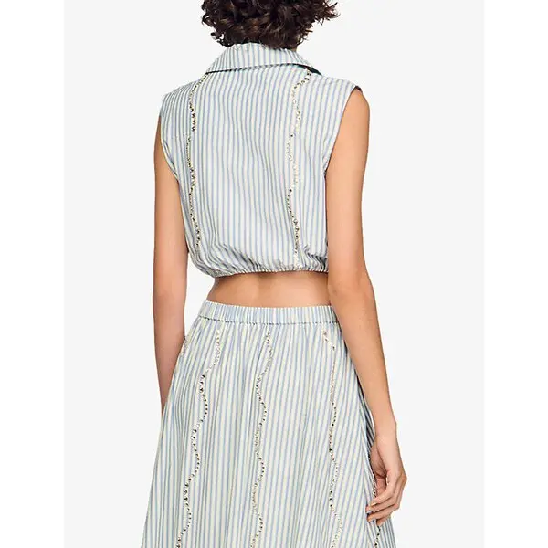 Sandro Sleeveless Cropped Rhinestone Embellished Shirt - Blue
