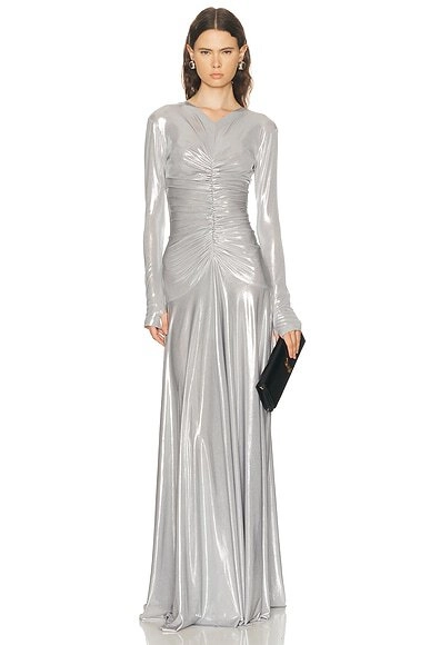 Norma Kamali Long Sleeve V Neck Shirred Front Flared Gown