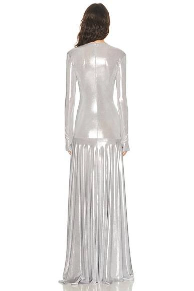 Norma Kamali Long Sleeve V Neck Shirred Front Flared Gown