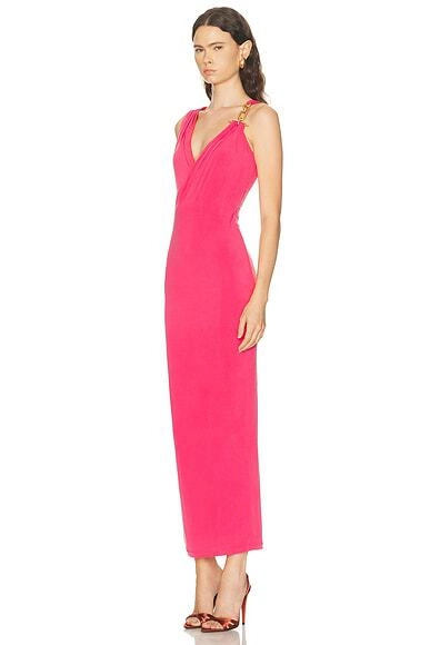 Balmain Jersey Draped Long Dress With Gold Detail - Bright Fuchsia