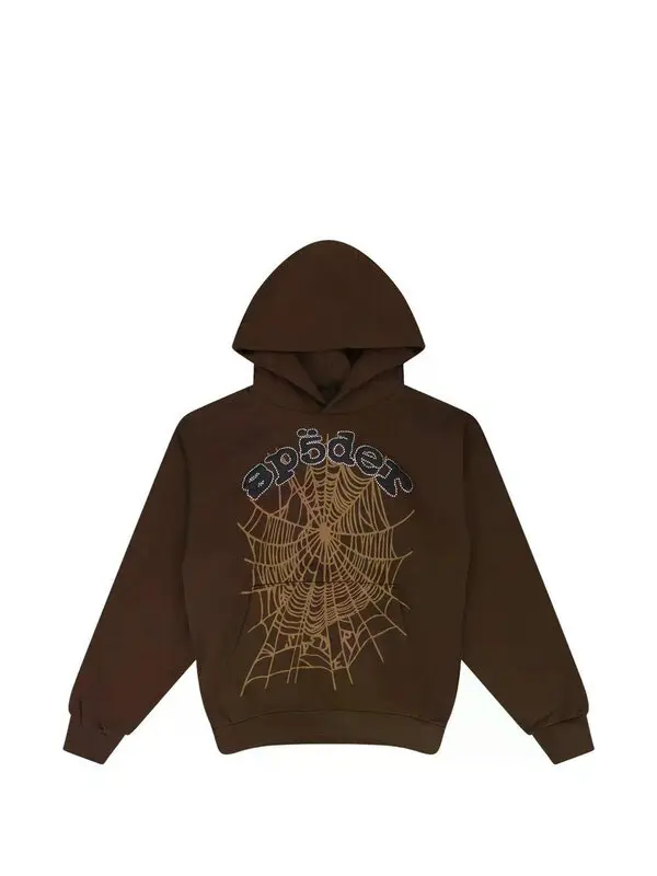 SP5DER Rhinestone-embellished Web-motif Hoodie - Brown