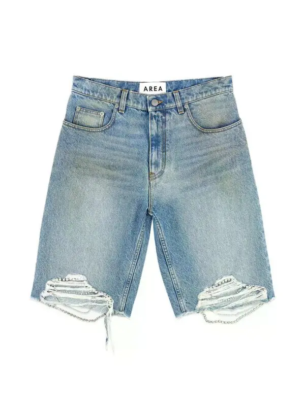 AREA Crystal Embellished Frayed Denim Shorts
