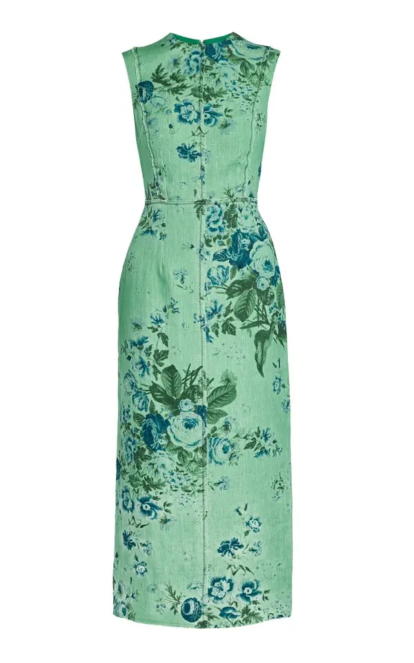 Erdem Printed Linen Pencil Midi Dress - Green