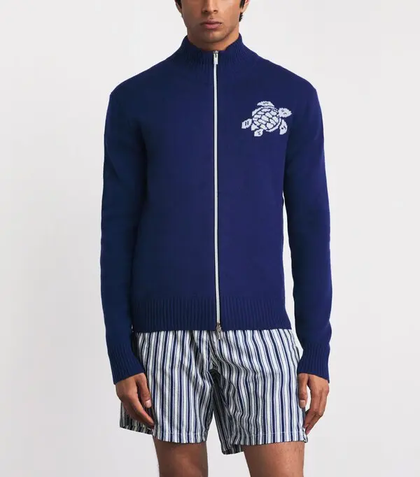 Vilebrequin Virgin Wool-cashmere Zip-up Cardigan With Jacquard Turtle Motif