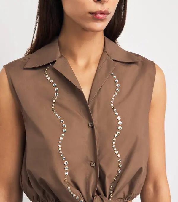 Sandro Cotton Embellished Cropped Shirt - Brown