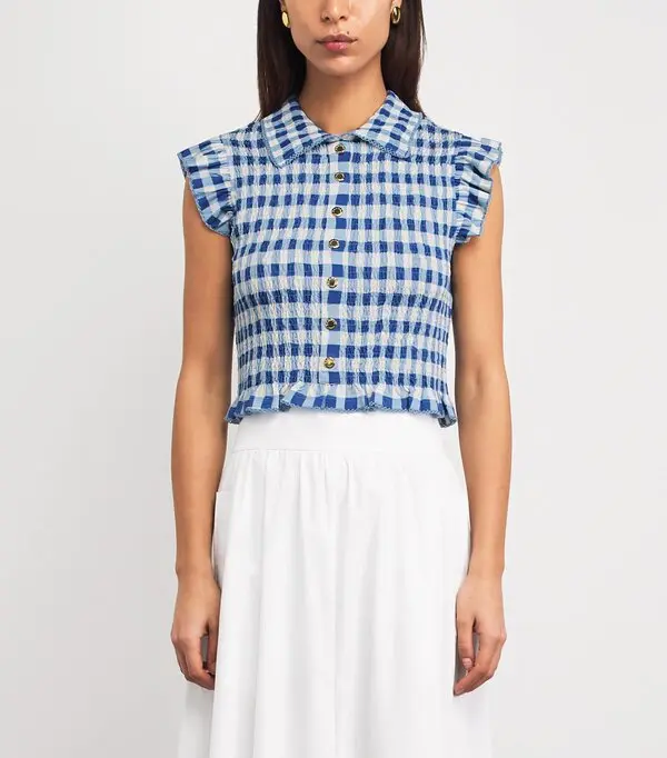 Sandro Gingham Smocked Top - Blue