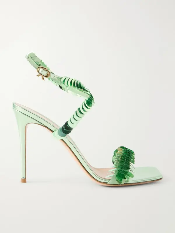 GIANVITO ROSSI 95mm Sequin-embellished Metallic Leather Sandals - Green