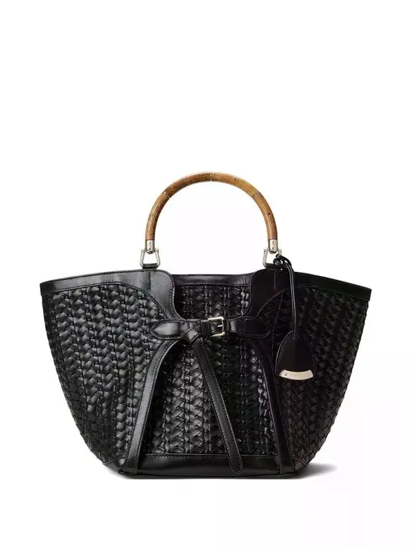 Ralph Lauren Braided Leather Tote With Wooden Top Handle - Black