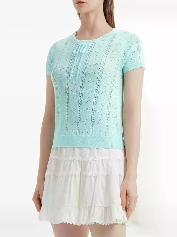TOUT A COUP Tie Neck Openwork Sweater With Short Sleeves - Blue