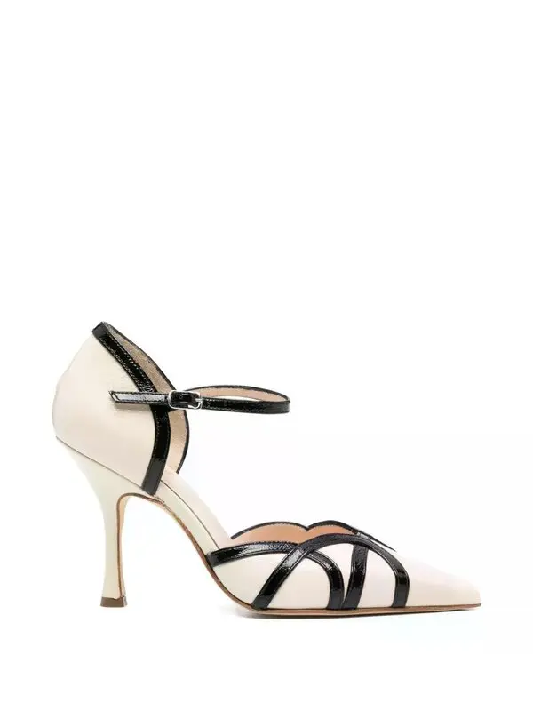 ANNA F. Beige And Black Crossover Strap Pointed Toe Pumps