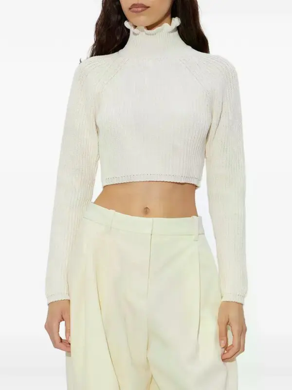 Max Mara Cropped Ribbed Knit High Neck Sweater With Ruffle Trim - Neutrals