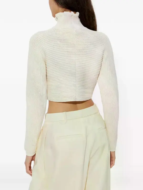 Max Mara Cropped Ribbed Knit High Neck Sweater With Ruffle Trim - Neutrals